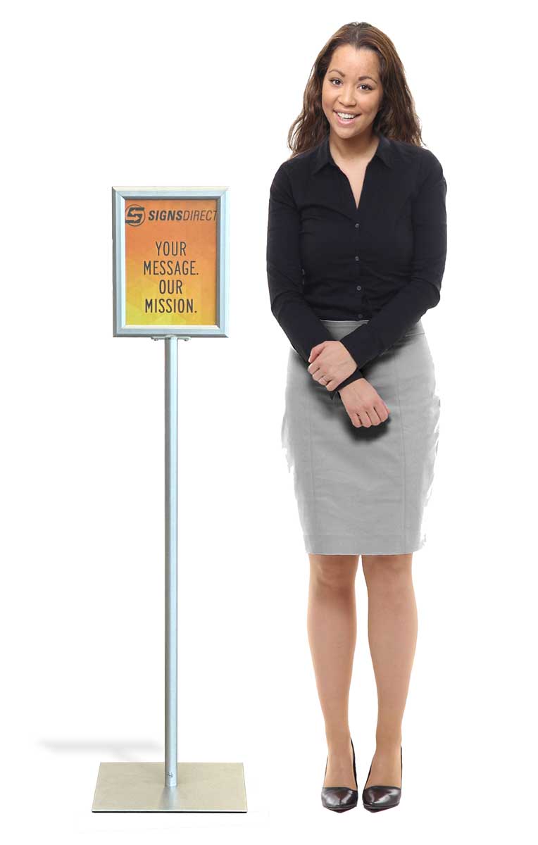Silver 8.5x11 indoor pedestal base sign stand. Satin Silver Top Loading ...