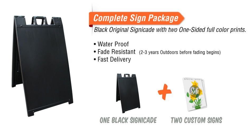Black signicade with two custom 4mm corrugated plastic signs that are ...