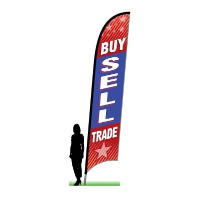 Buy-Sell-Trade flag with ground spike, flag pole and bag