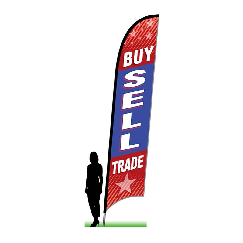 Buy-Sell-Trade flag with ground spike, flag pole and bag