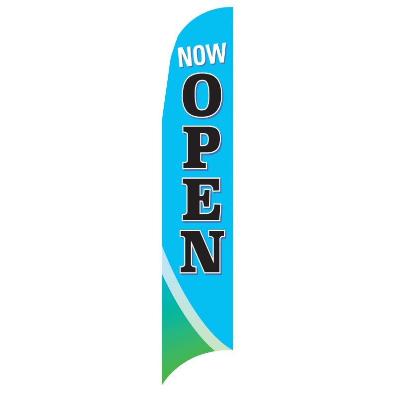14' Feather Flag Open Now in blue and green