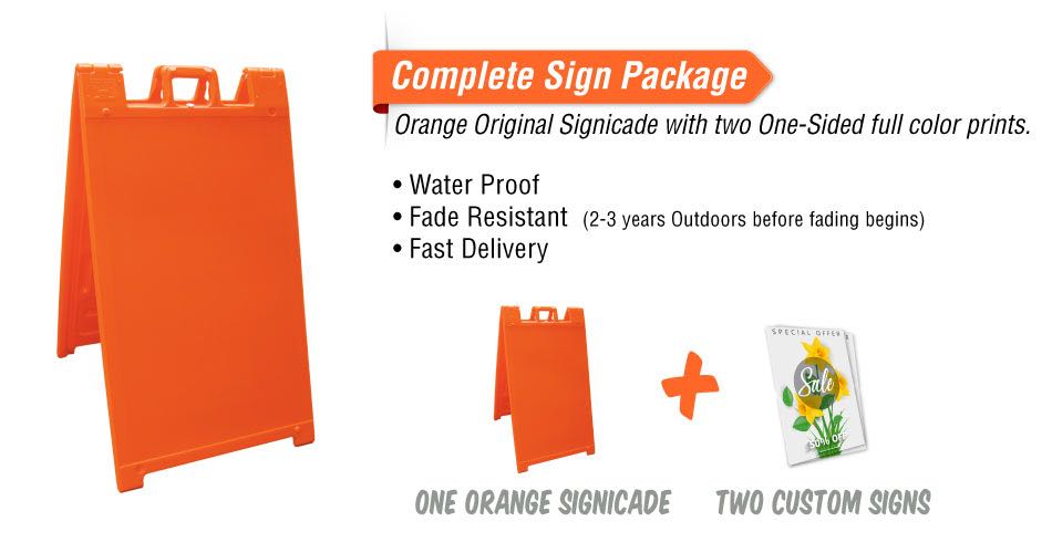 Orange signicade with two custom 4mm corrugated plastic signs that are ...