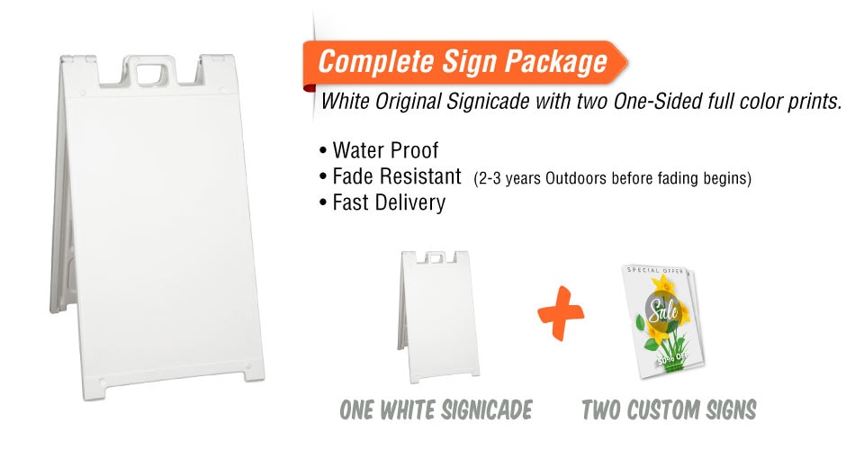 White signicade with two custom 4mm corrugated plastic signs that are ...